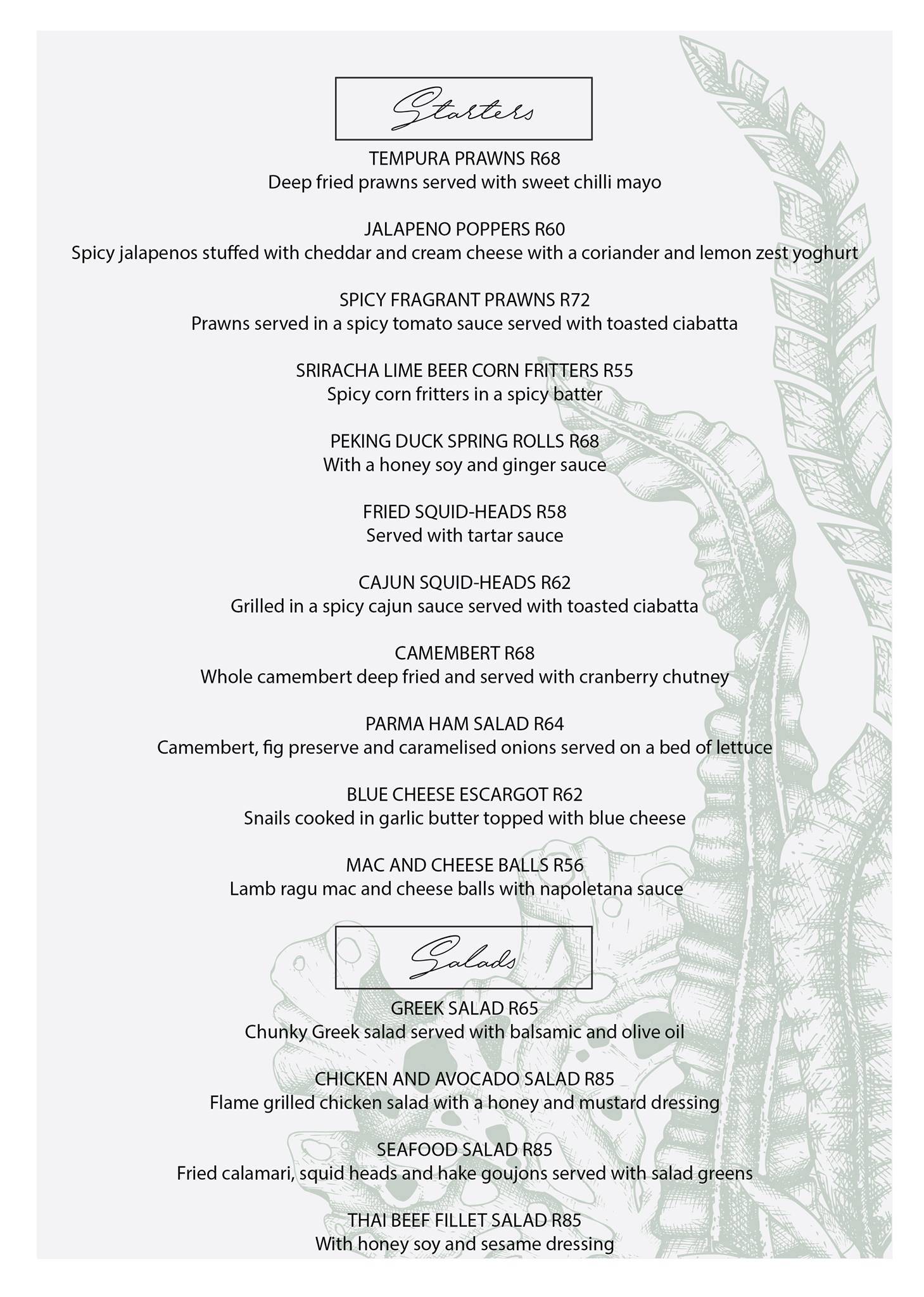 Menu at Chartroom Restaurant, Port Elizabeth, 1 Bridge Street