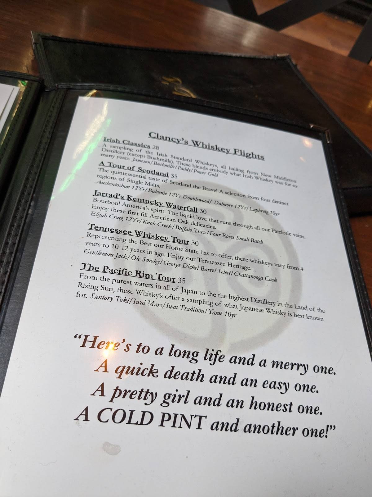 Menu at Clancy's Tavern & Whiskey House pub & bar, Knoxville