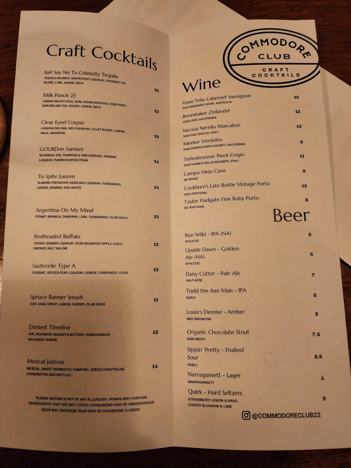Menu at Commodore Club, Appleton