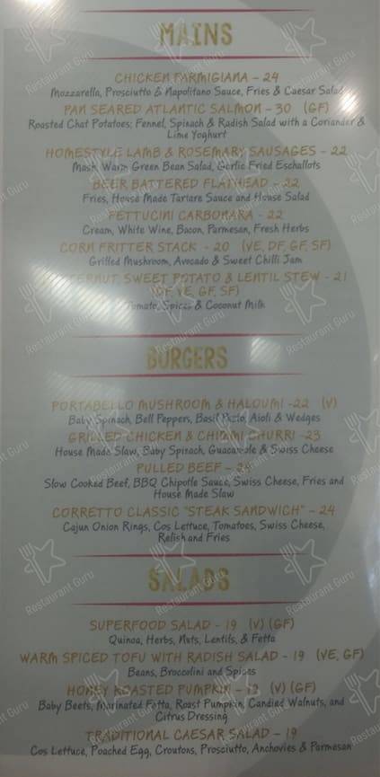 Menu at Bar Corretto, Brisbane Airport, Brisbane Domestic Terminal