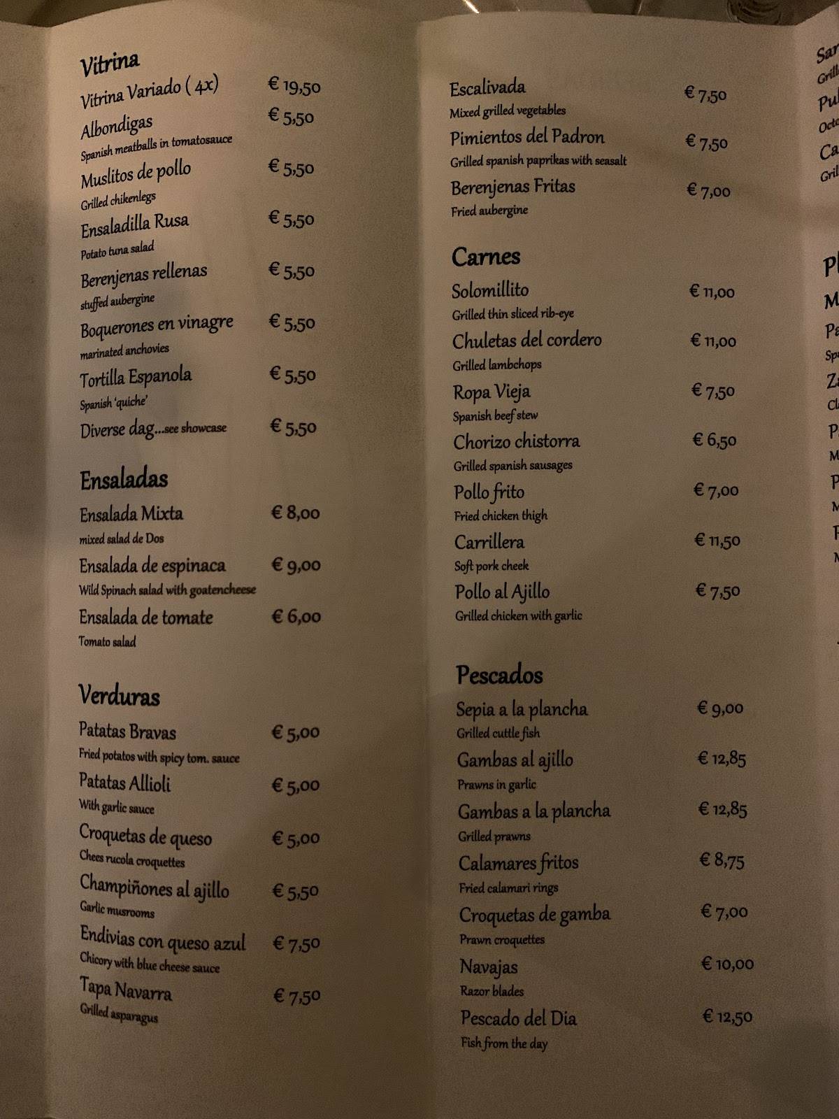 Menu at Duende Dos, Amsterdam