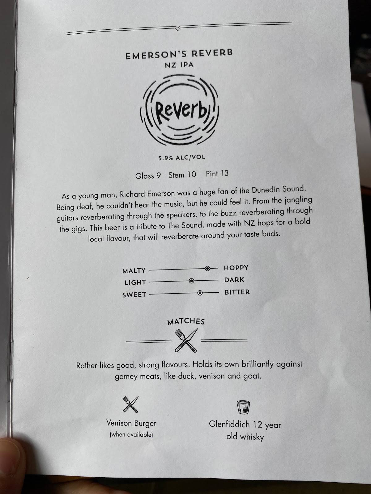 Menu at Emerson's Brewery pub & bar, Dunedin
