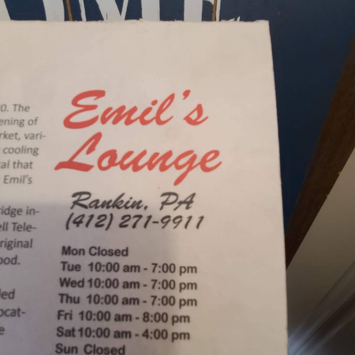Menu at Emil's Lounge restaurant, Rankin