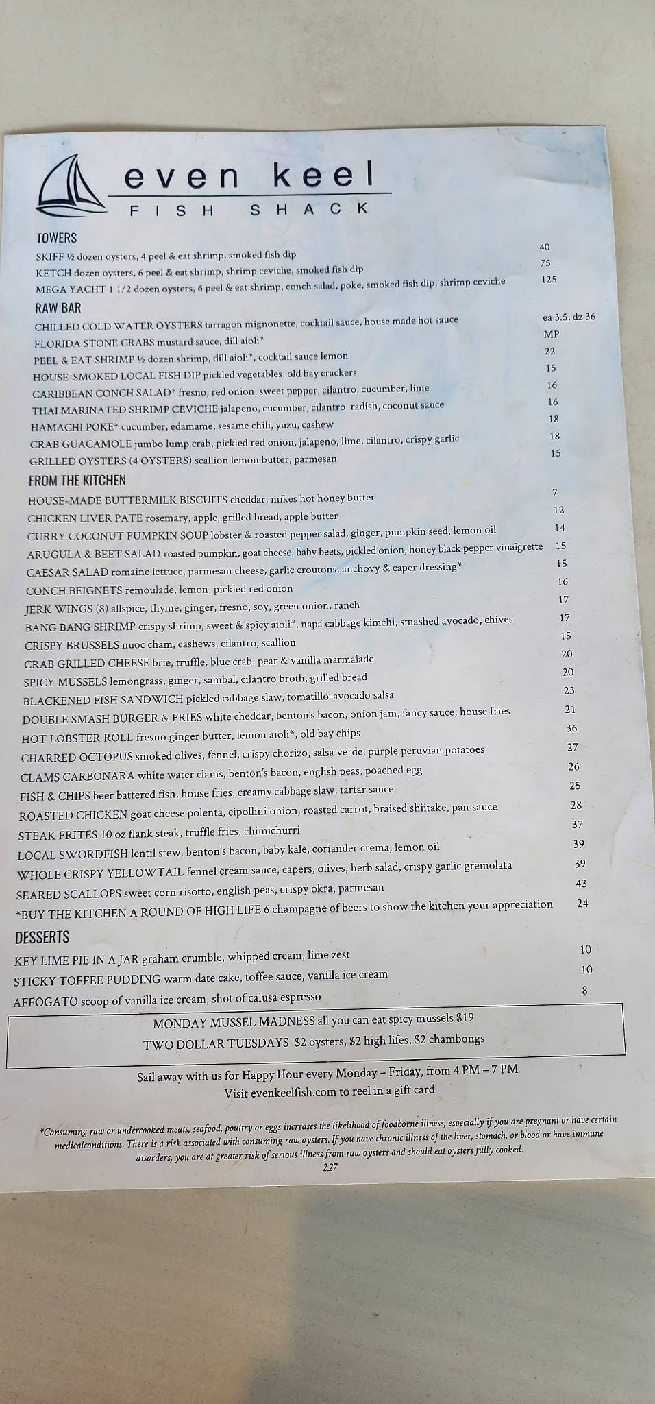 Menu at Even Keel Fish Shack pub & bar, Lauderdale-by-the-Sea, 112 ...