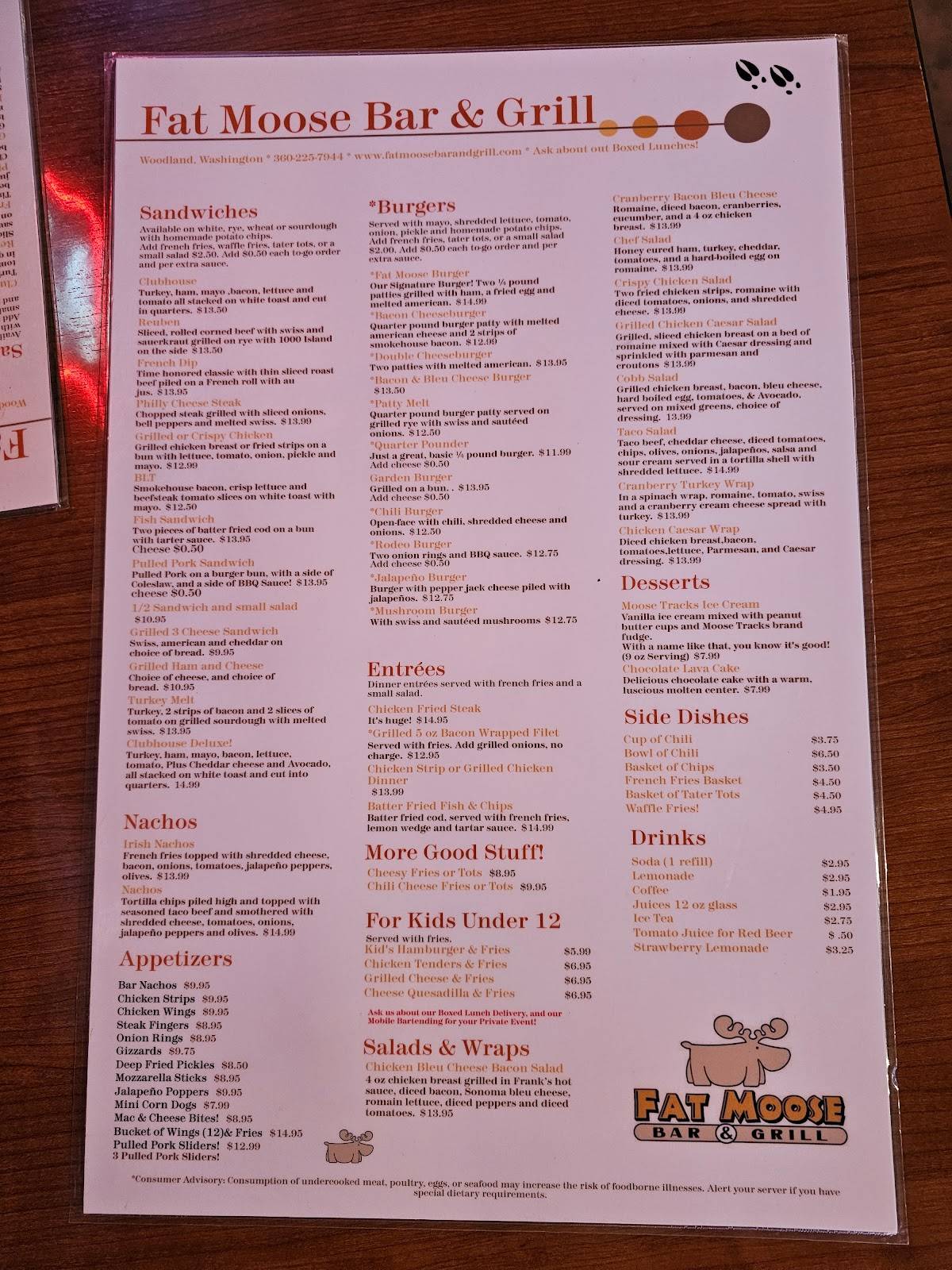 Menu at Fat Moose Bar & Grill, Woodland