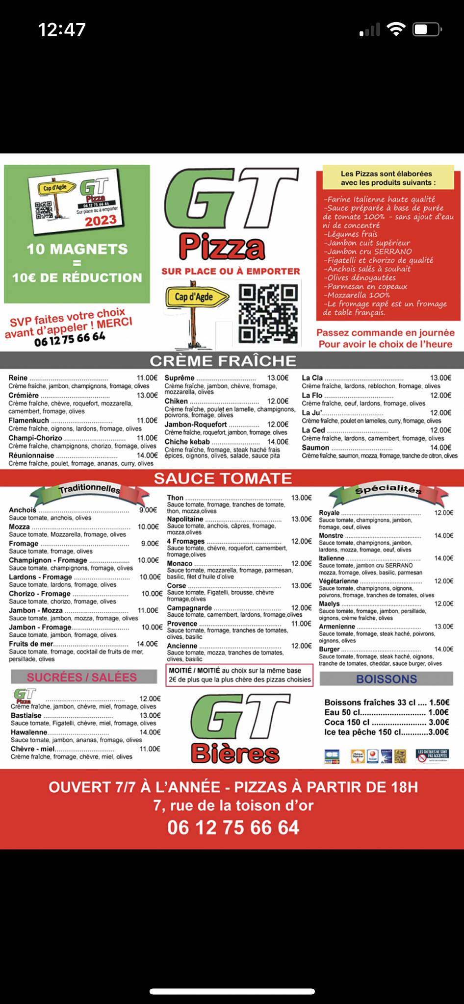 Menu au GT PIZZA CAP d'AGDE restaurant, Agde