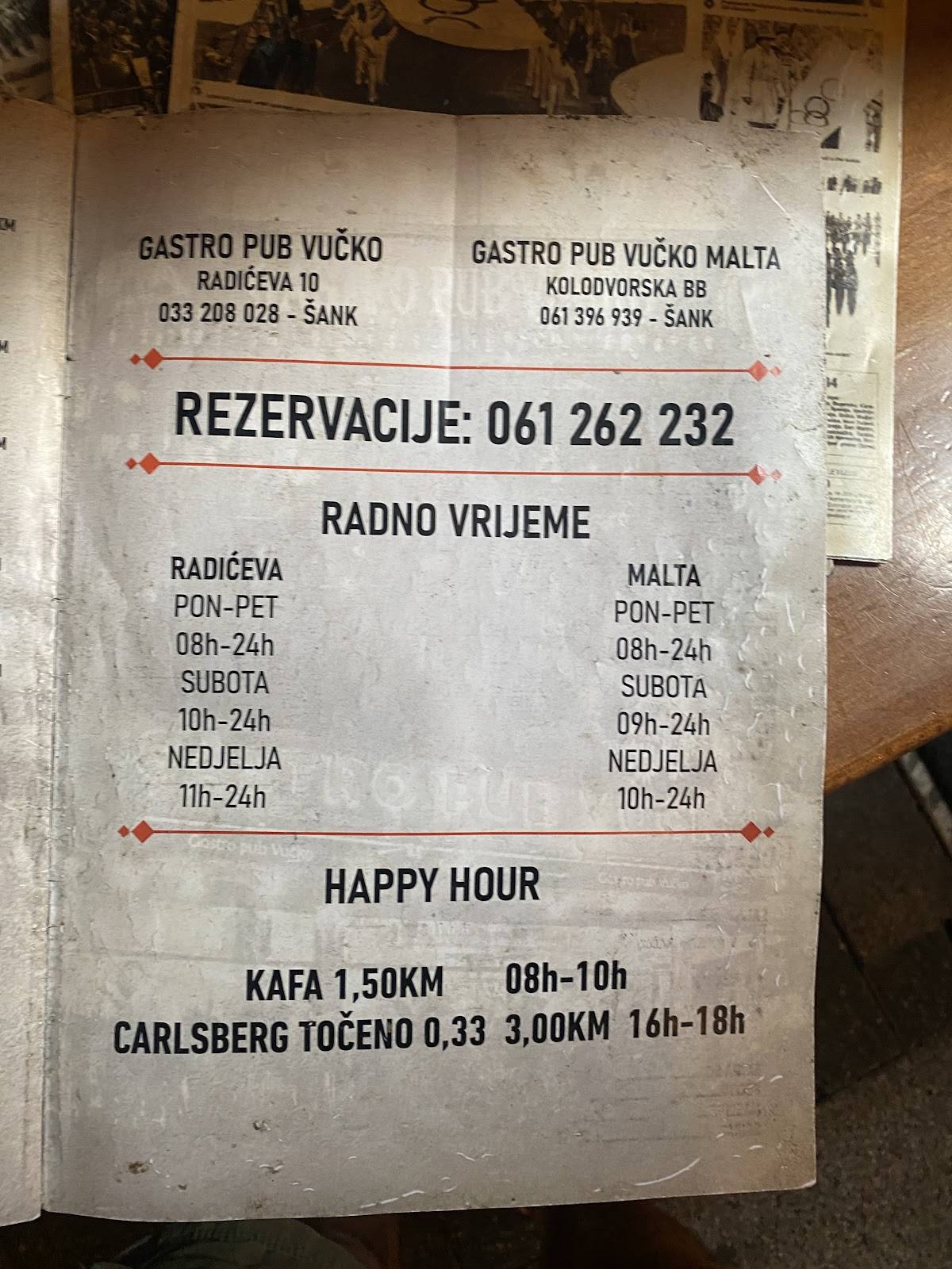 Menu at Gastro Pub Vučko, Sarajevo