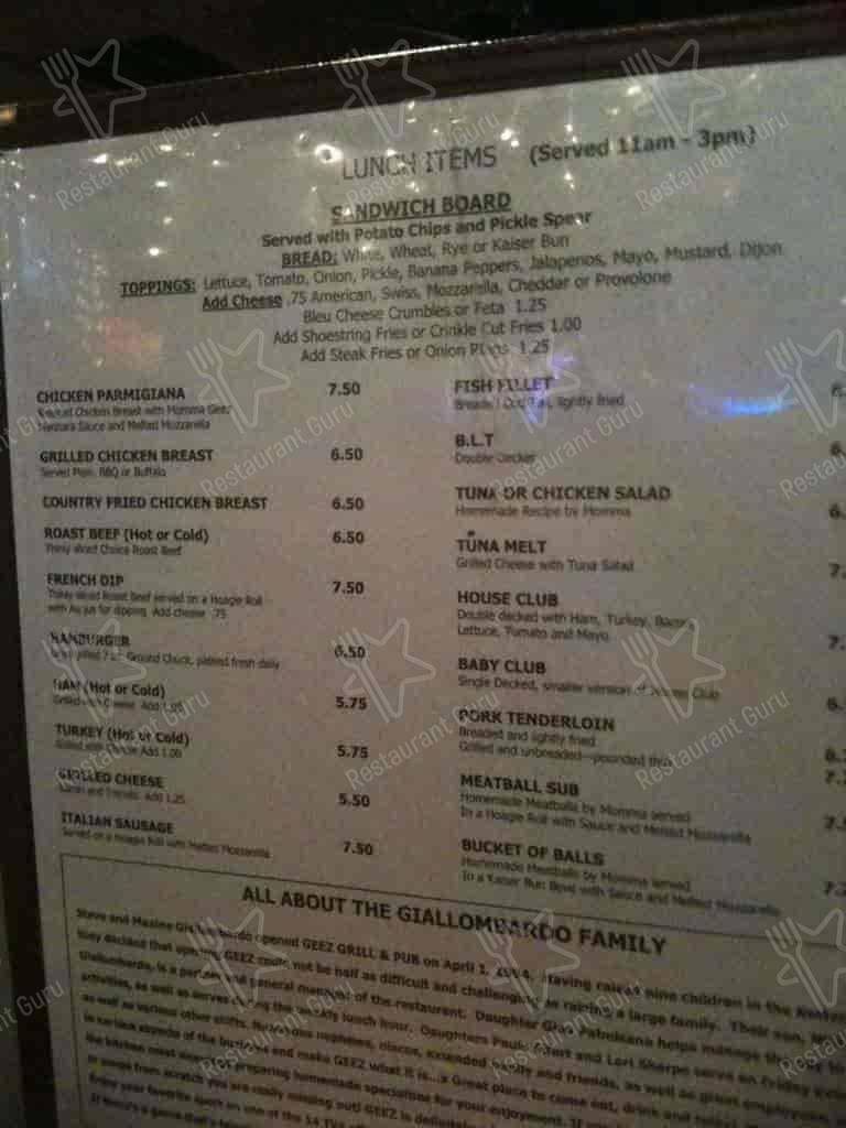 Menu at Geez Grill & Pub, Dayton