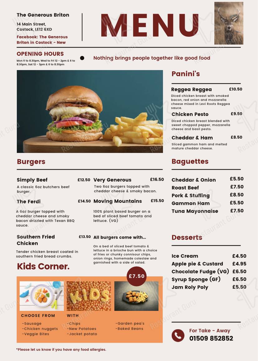 Menu at Generous Briton pub & bar, Costock, 14 Main St