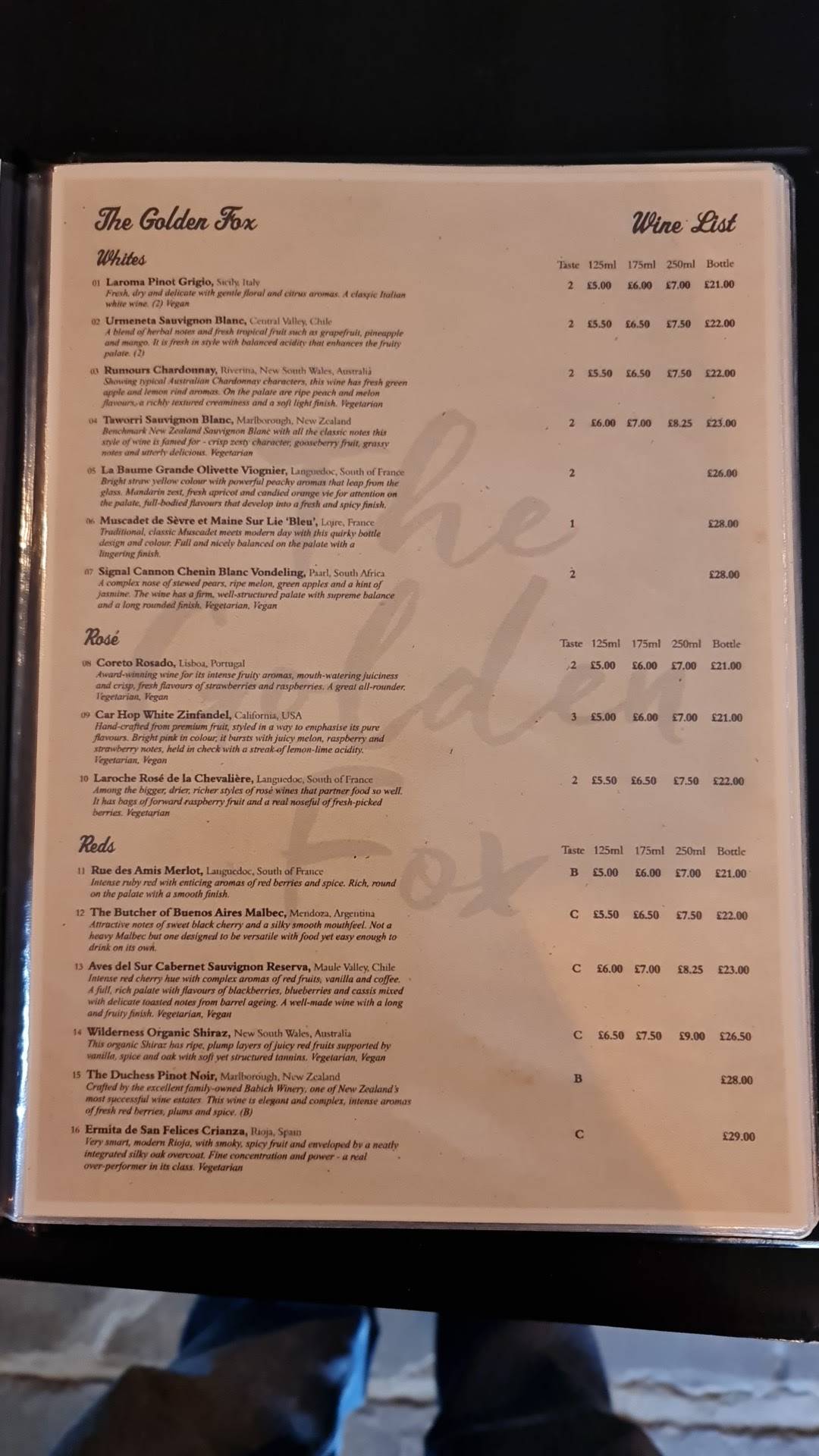 Menu at Golden Fox pub & bar, Sturminster Marshall