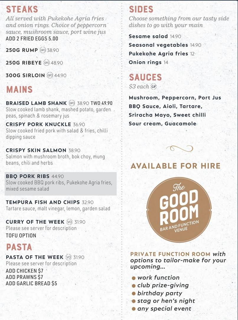 Menu at The Good Home Pukekohe pub & bar, Pukekohe, 65 Edinburgh St
