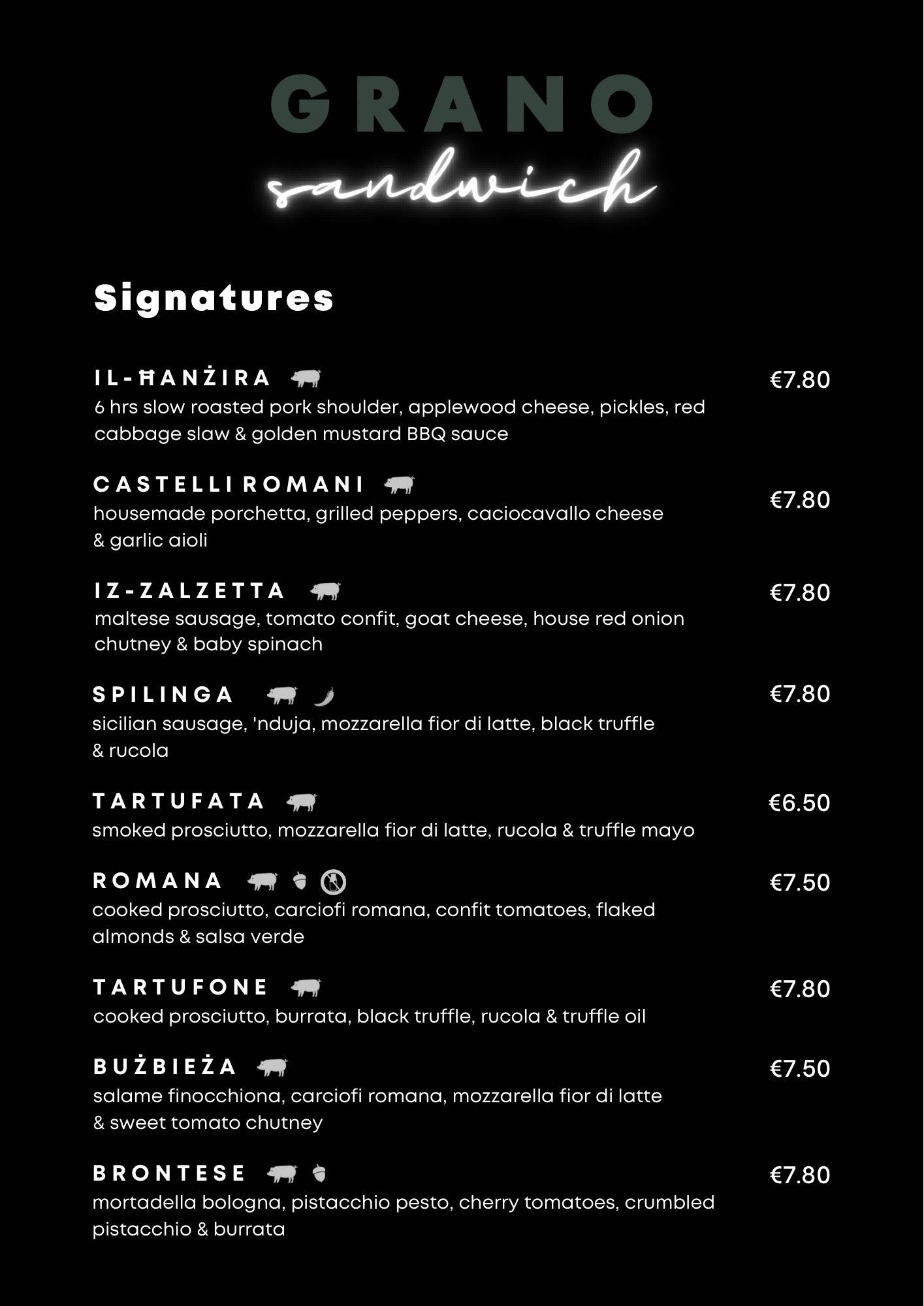 Menu at Grano cafe, Valletta