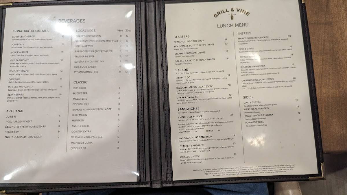 Menu at Grill & Vine pub & bar, Millbrae