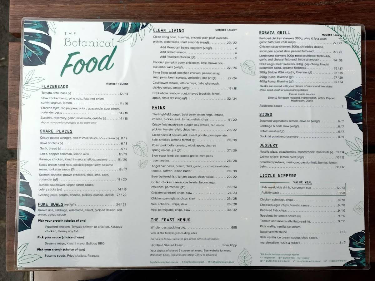 Menu at Highfield Caringbah pub & bar, Caringbah
