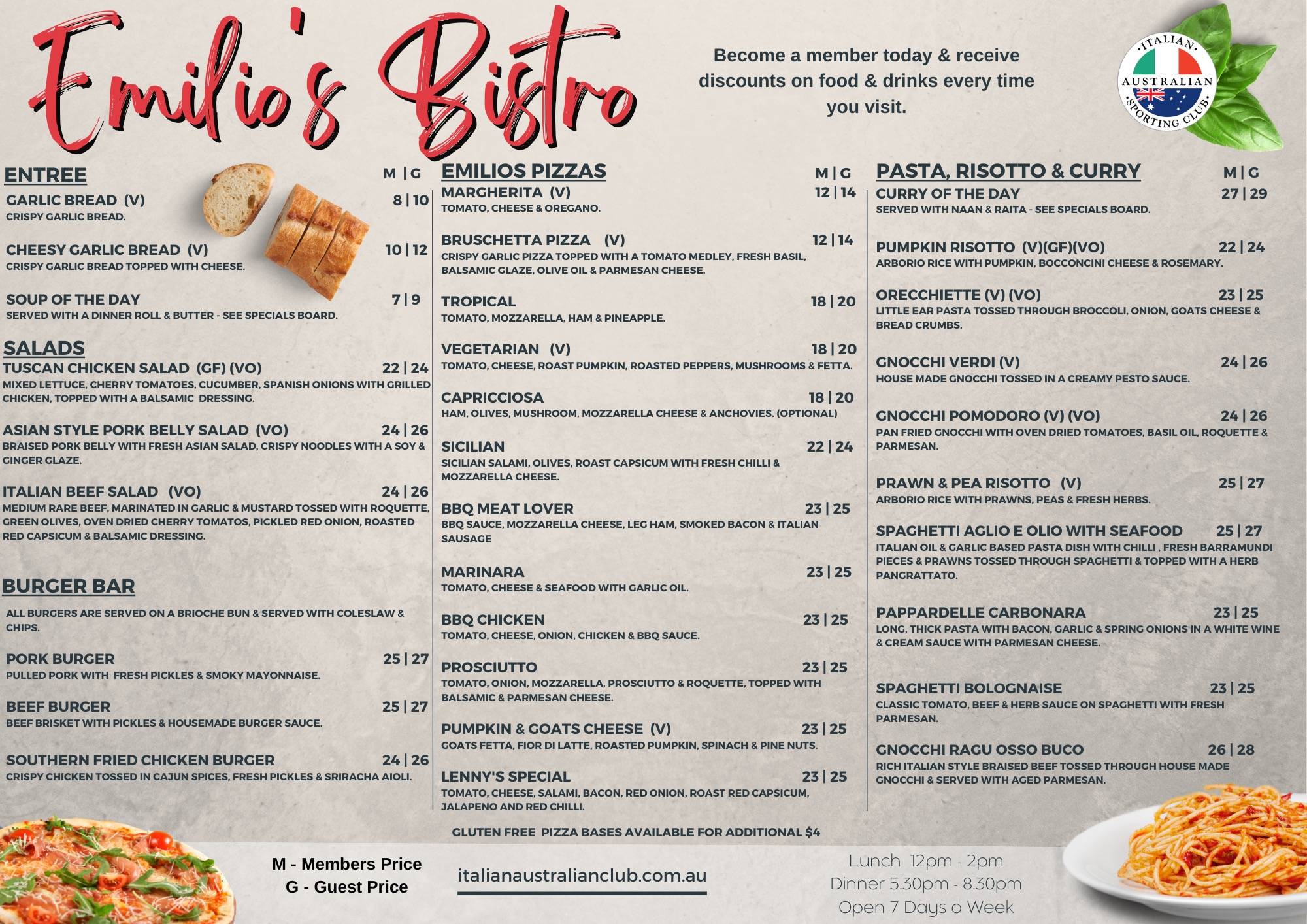Menu at Italian Australian Club, Morwell, 499-501 Princes Dr