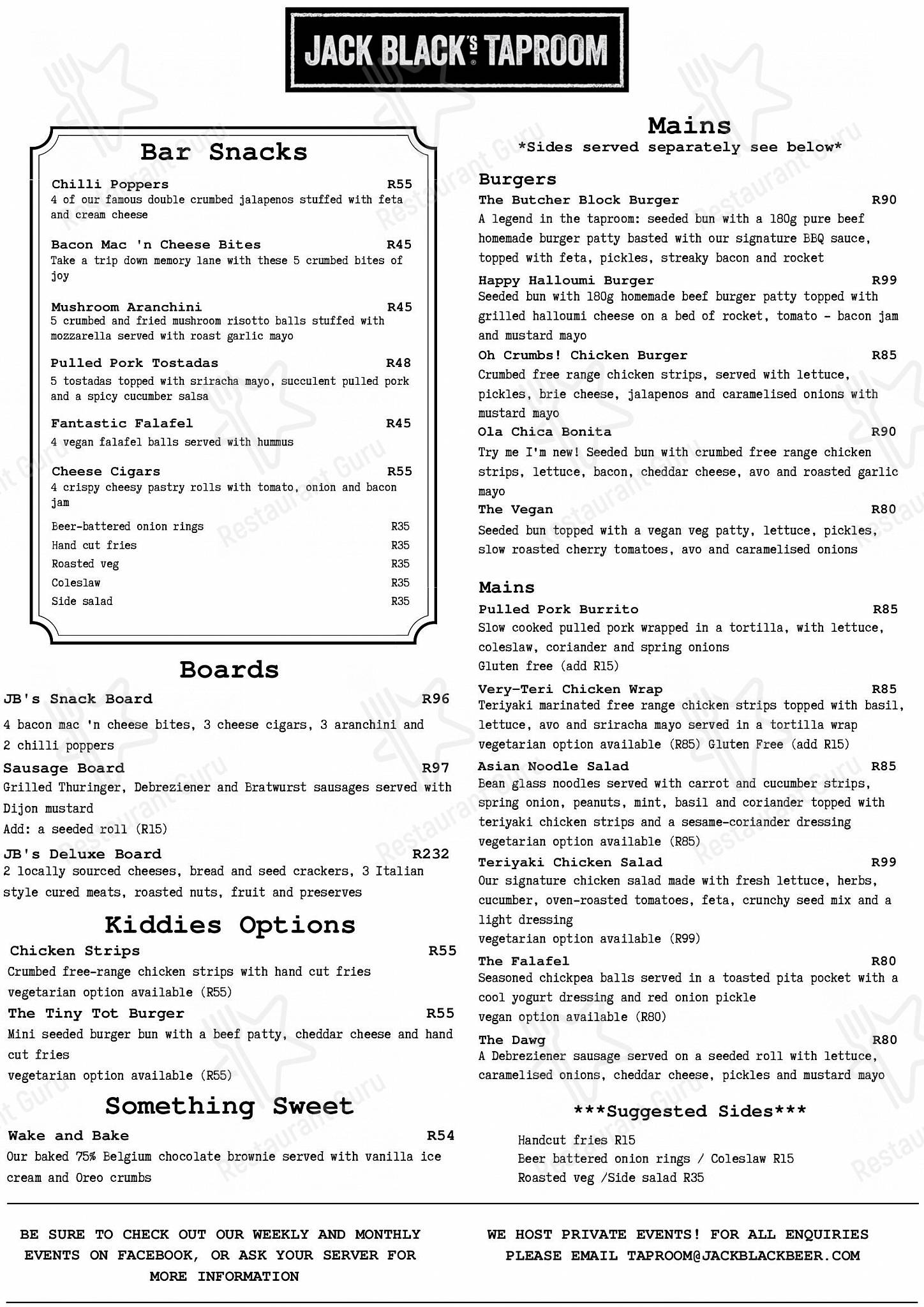 Menu at Jack Black Brewing Company pub & bar, Cape Town