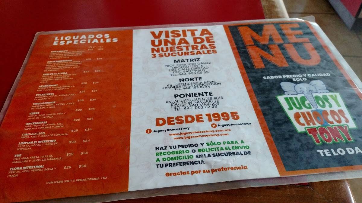 Carta del pub y bar Jugos Y Chocos Tony, Aguascalientes, Aguascalientes ...