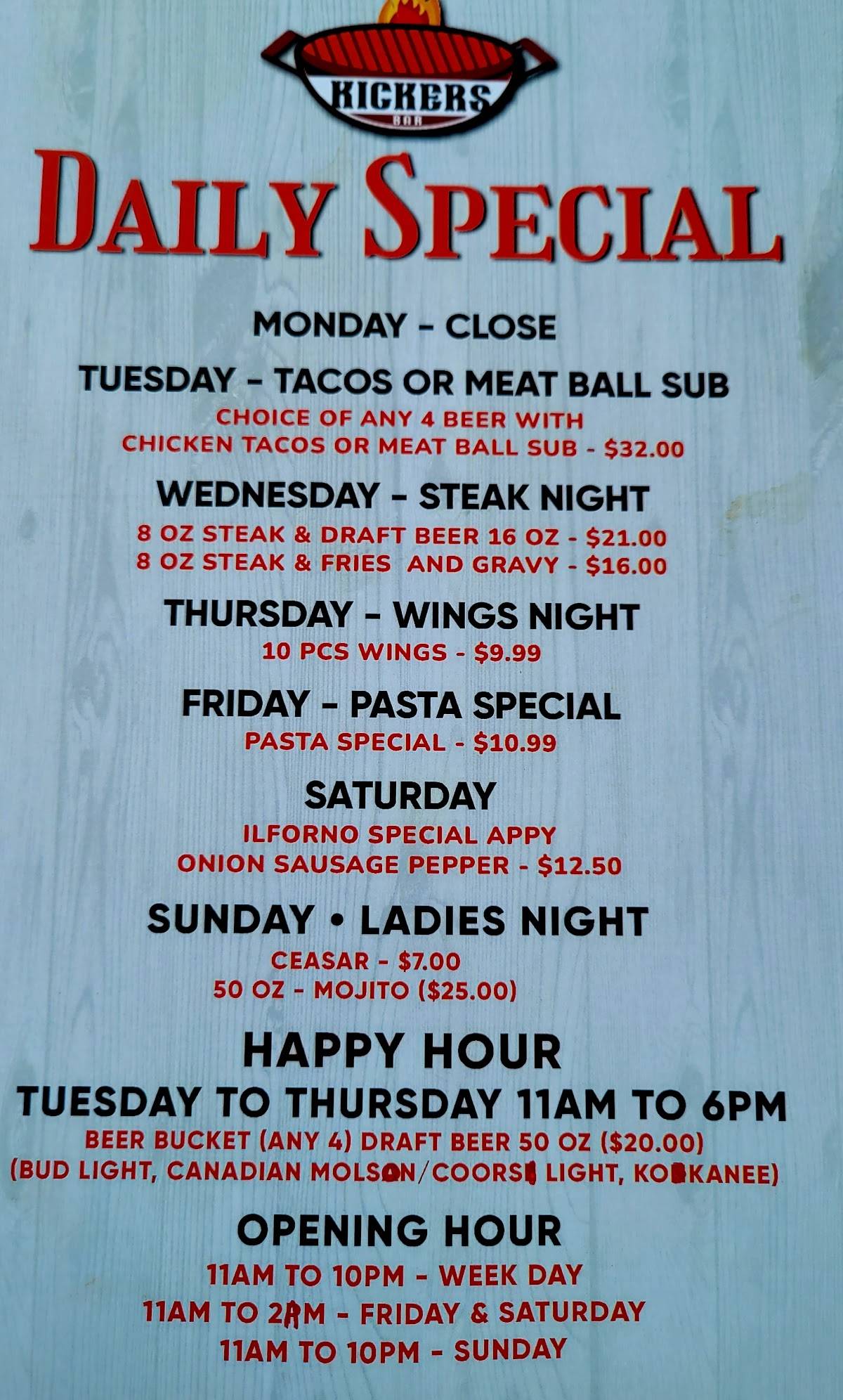 Menu at Kickers Sports Bar & Grill, Turner Valley