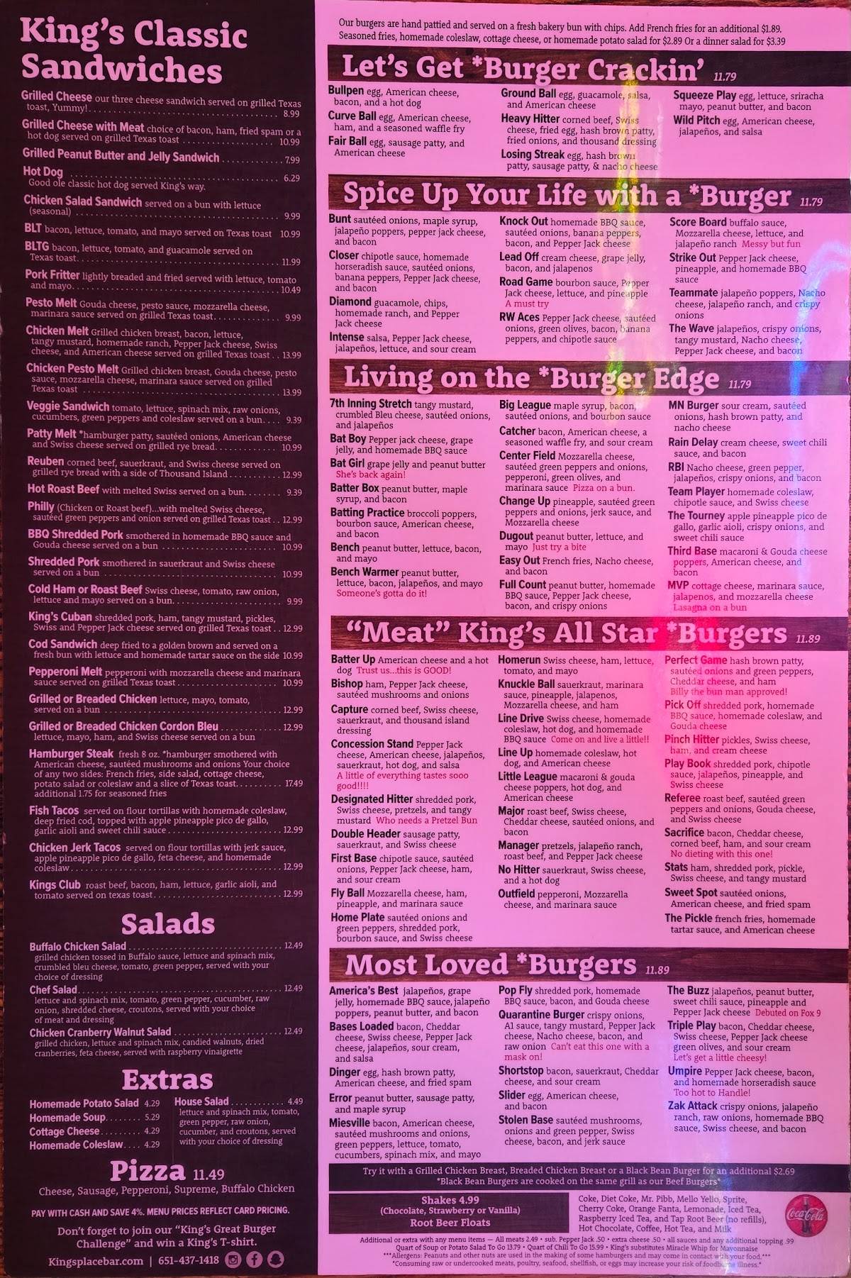 Menu at King's Place Bar and Grill, Miesville