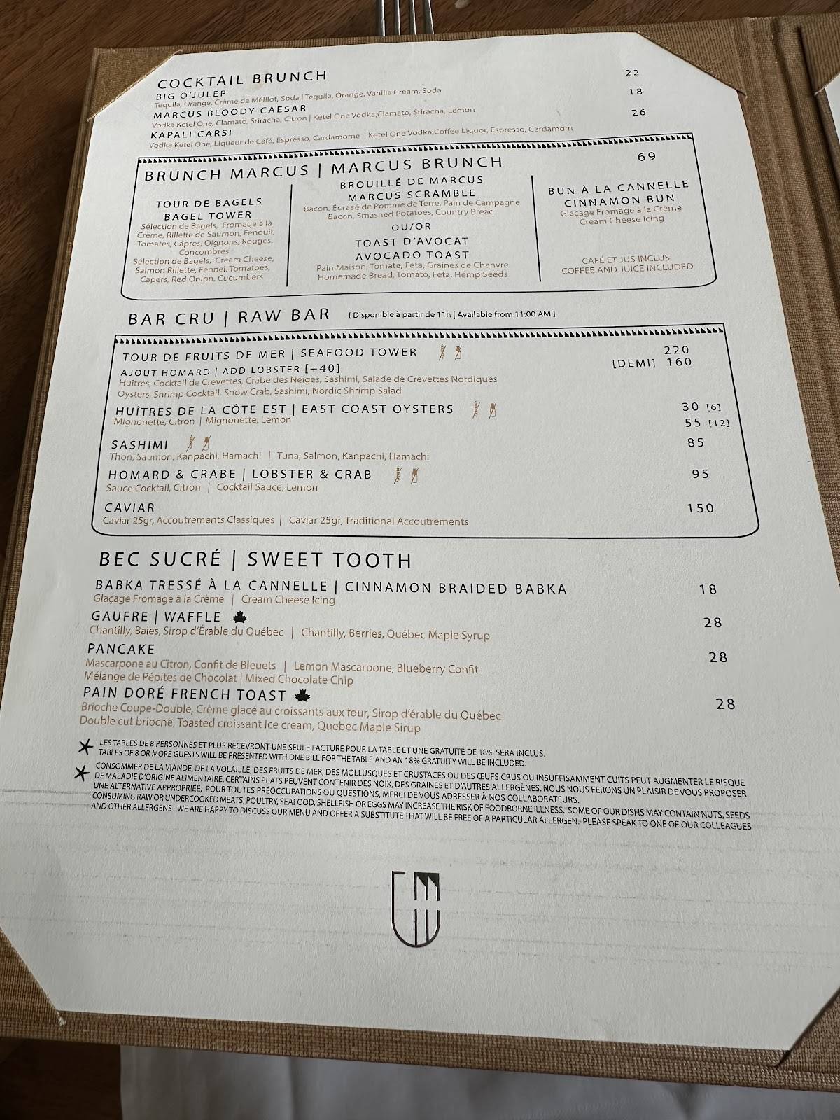 Menu at MARCUS Restaurant + Lounge, Montréal