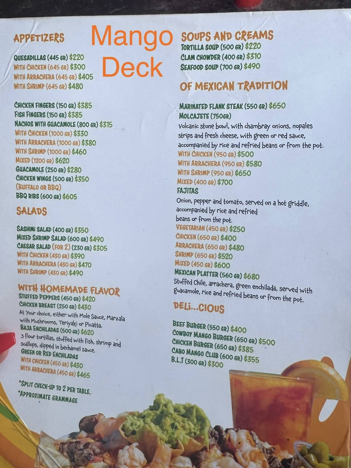 Menu at Mango Deck pub & bar, Cabo San Lucas, Playa El Medano S/N
