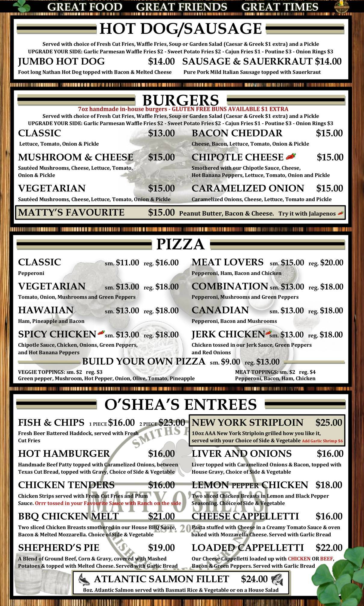 Menu at Matty O'Shea's Pub, Smiths Falls