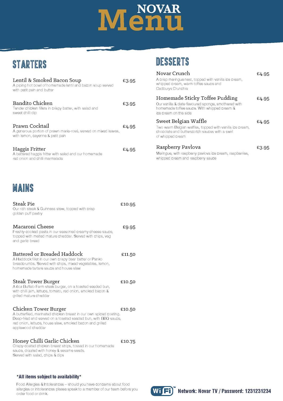Menu at Novar pub & bar, Kirkcaldy