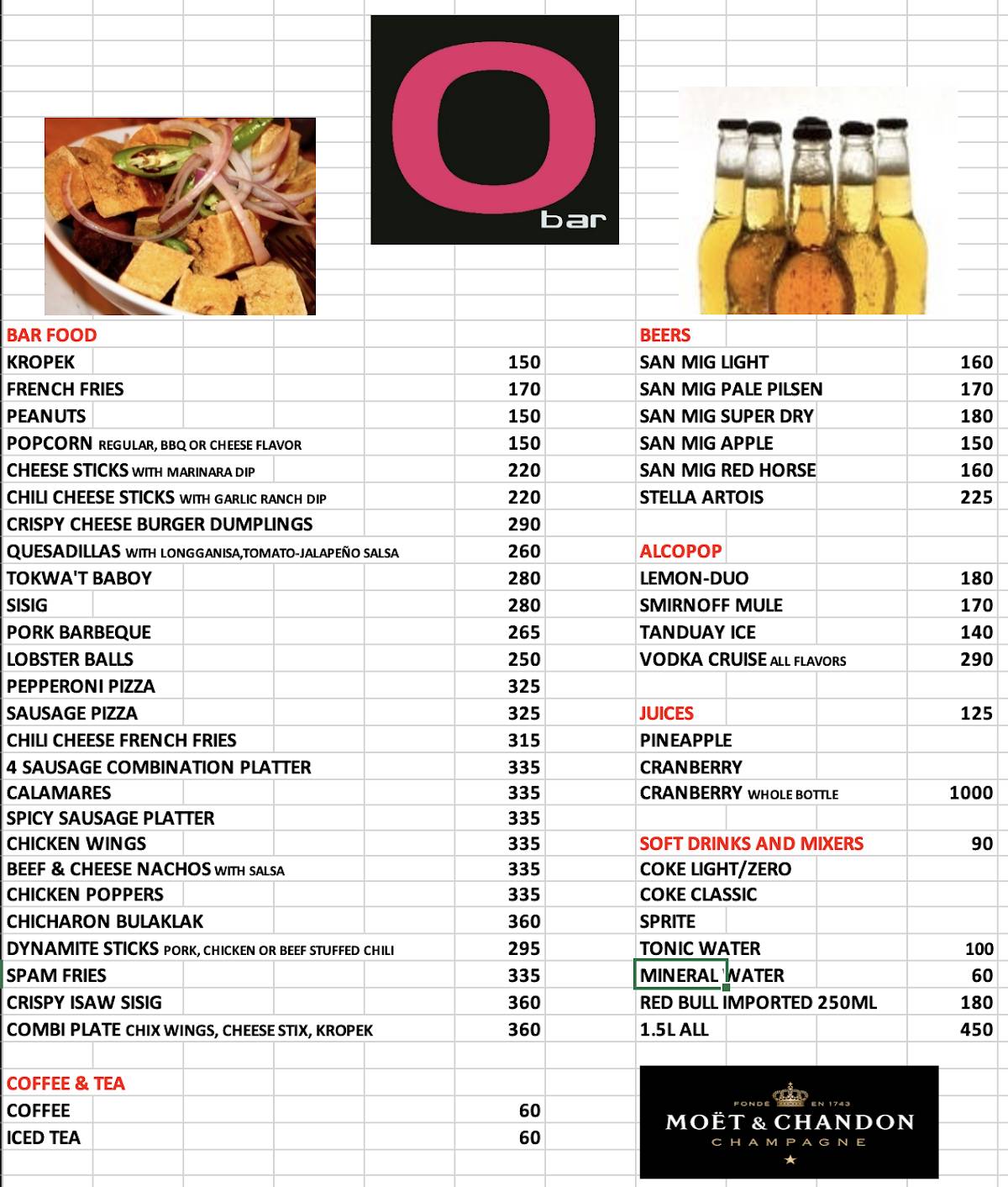 Menu at O BAR - Philippines, Pasig