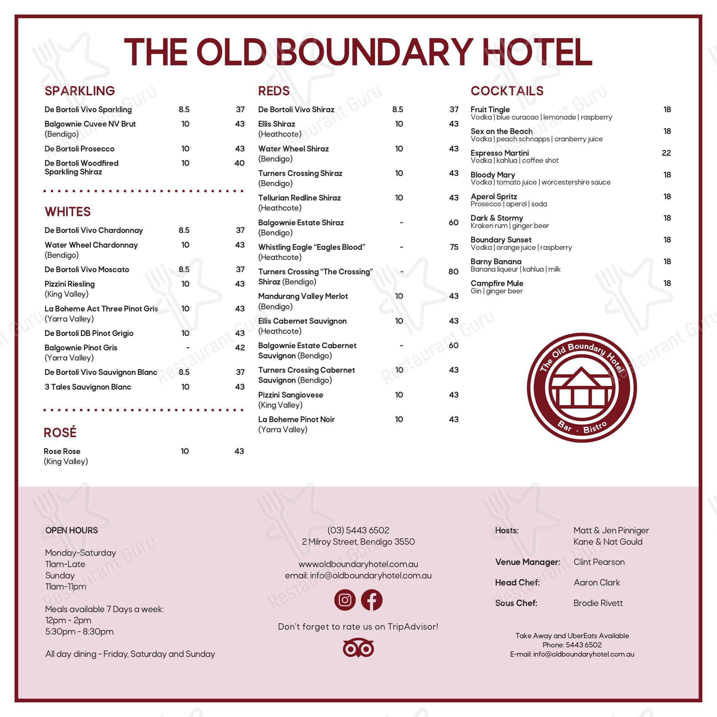 Menu at Old Boundary Hotel pub & bar, Bendigo