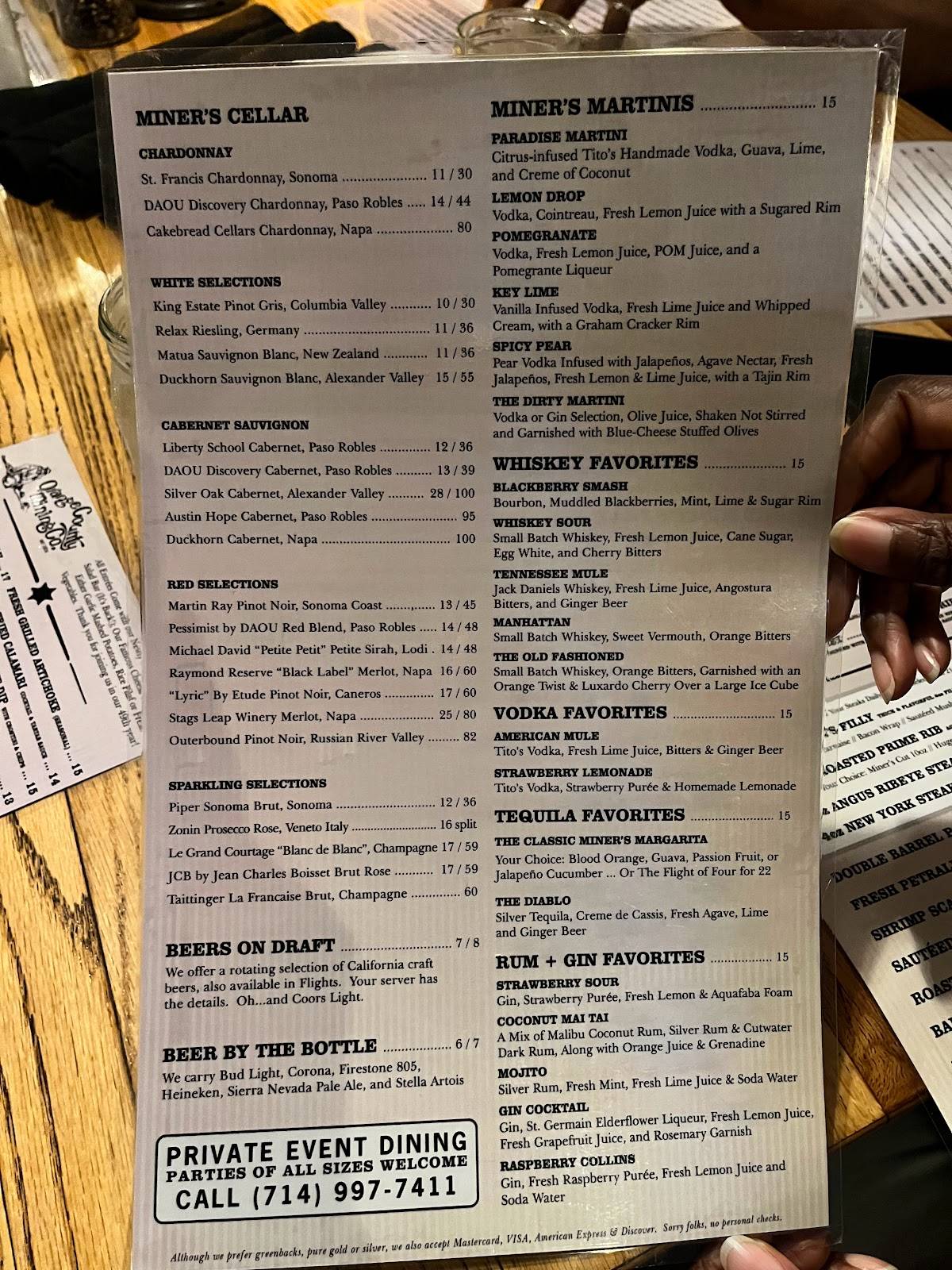 Menu at Orange County Mining Co pub & bar, Orange