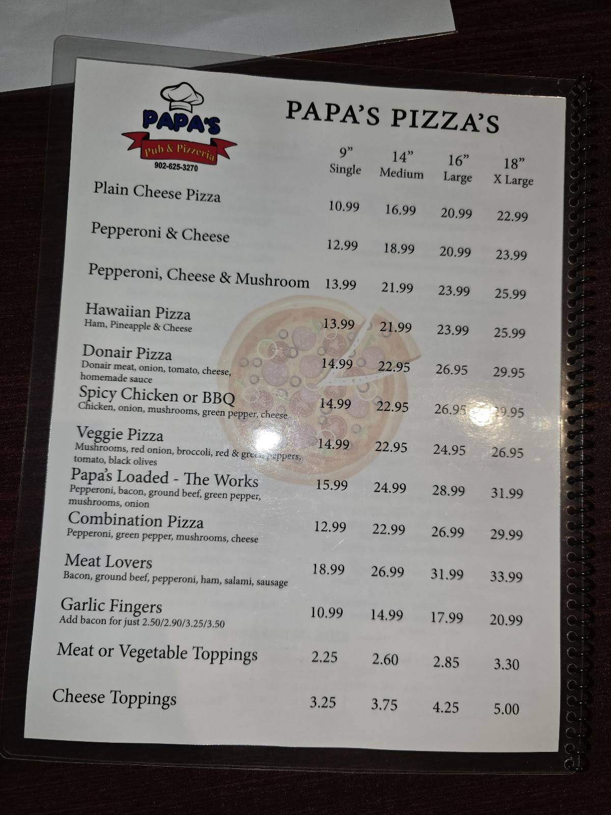 Menu at Papa's Pub & Eatery, Port Hawkesbury