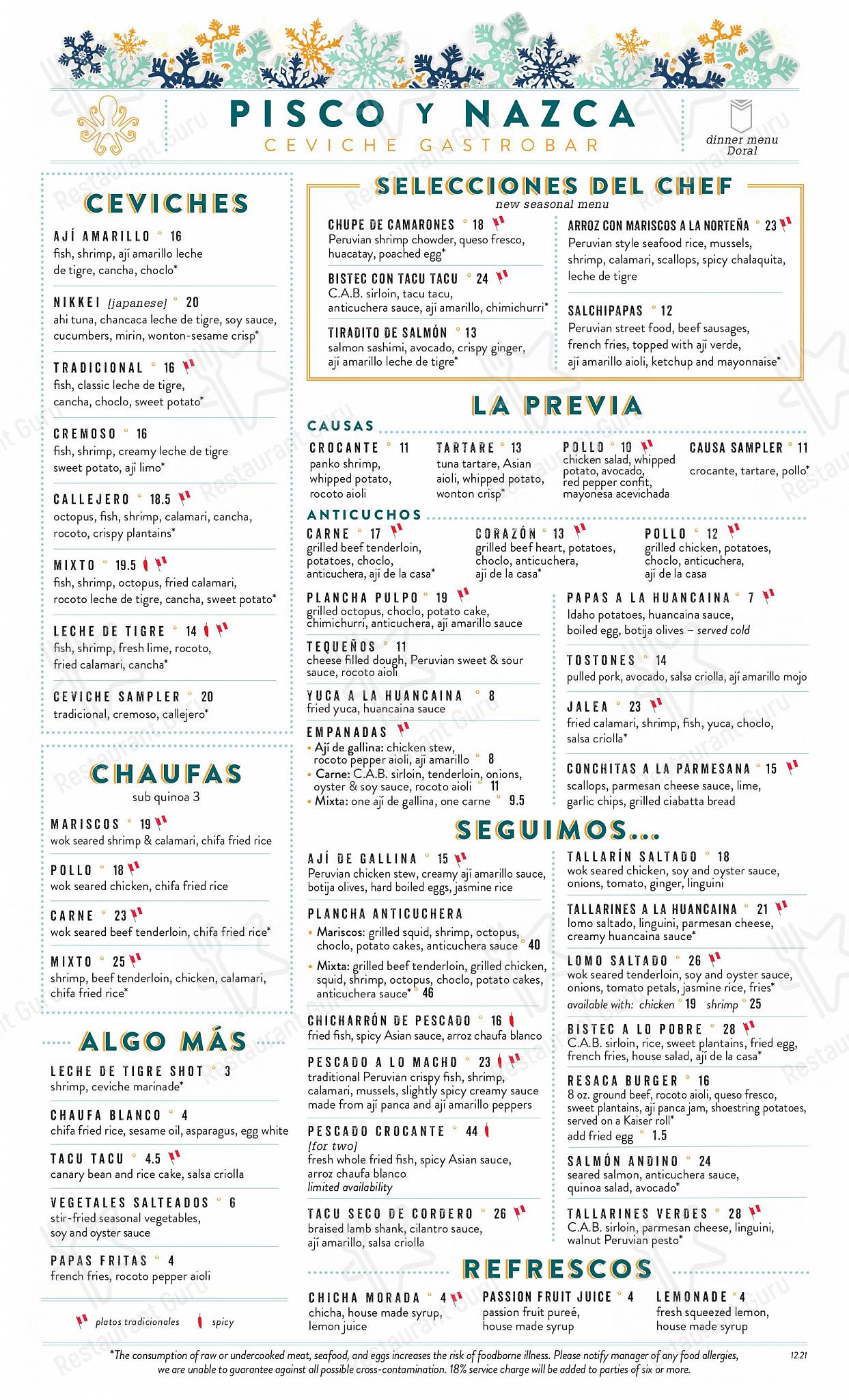 Carta de Pisco y Nazca Ceviche Gastrobar, Doral, NW 53rd St A101