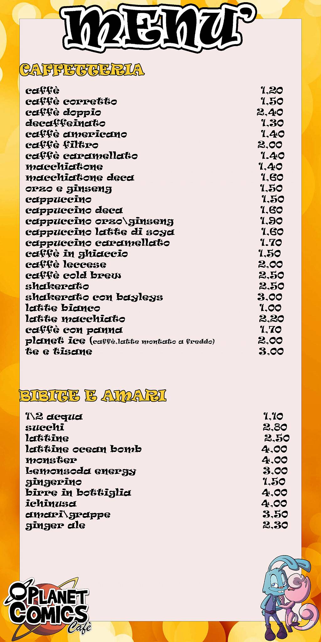 Menu da Planet Comics Cafè pub & bar, Udine