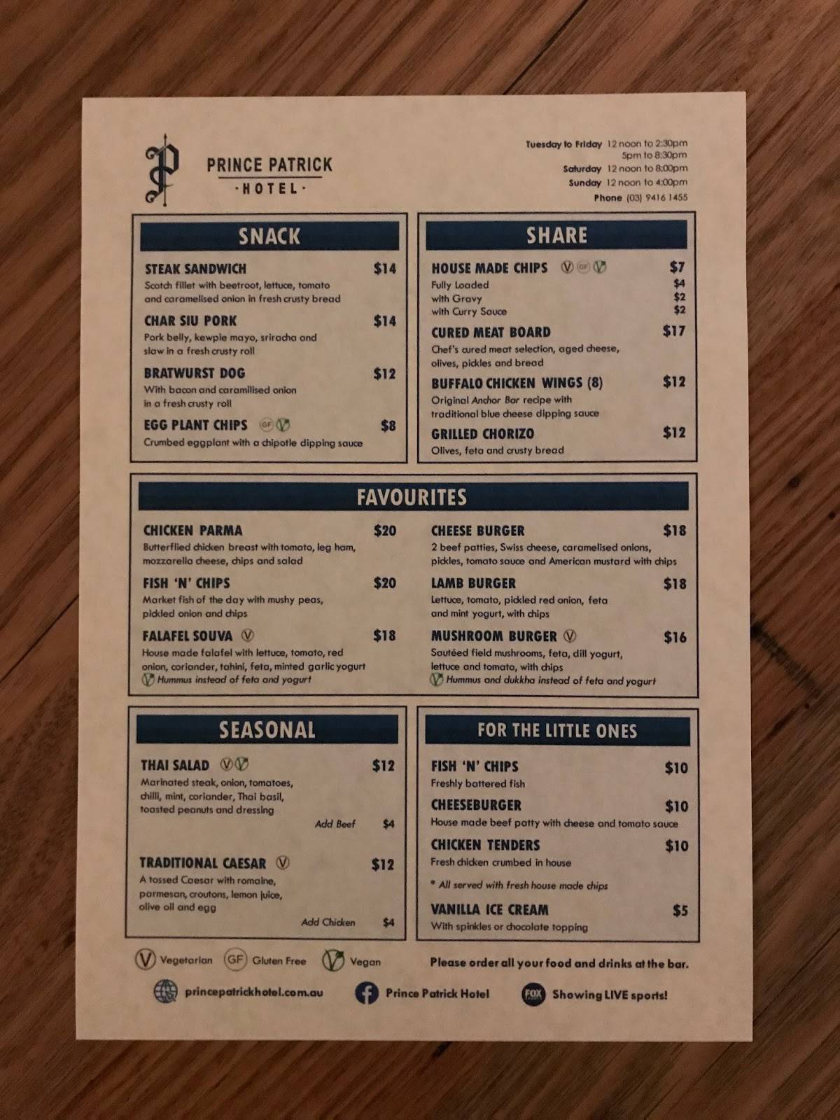 Menu at Prince Patrick Hotel pub & bar, Collingwood