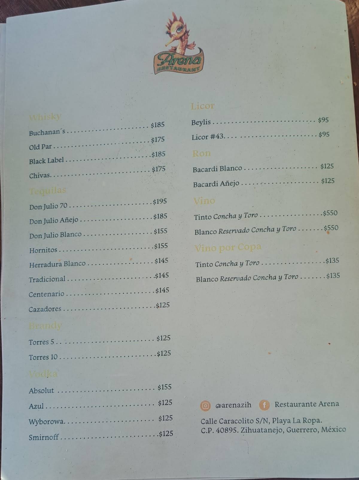 Menu at Restaurante Arena, Zihuatanejo