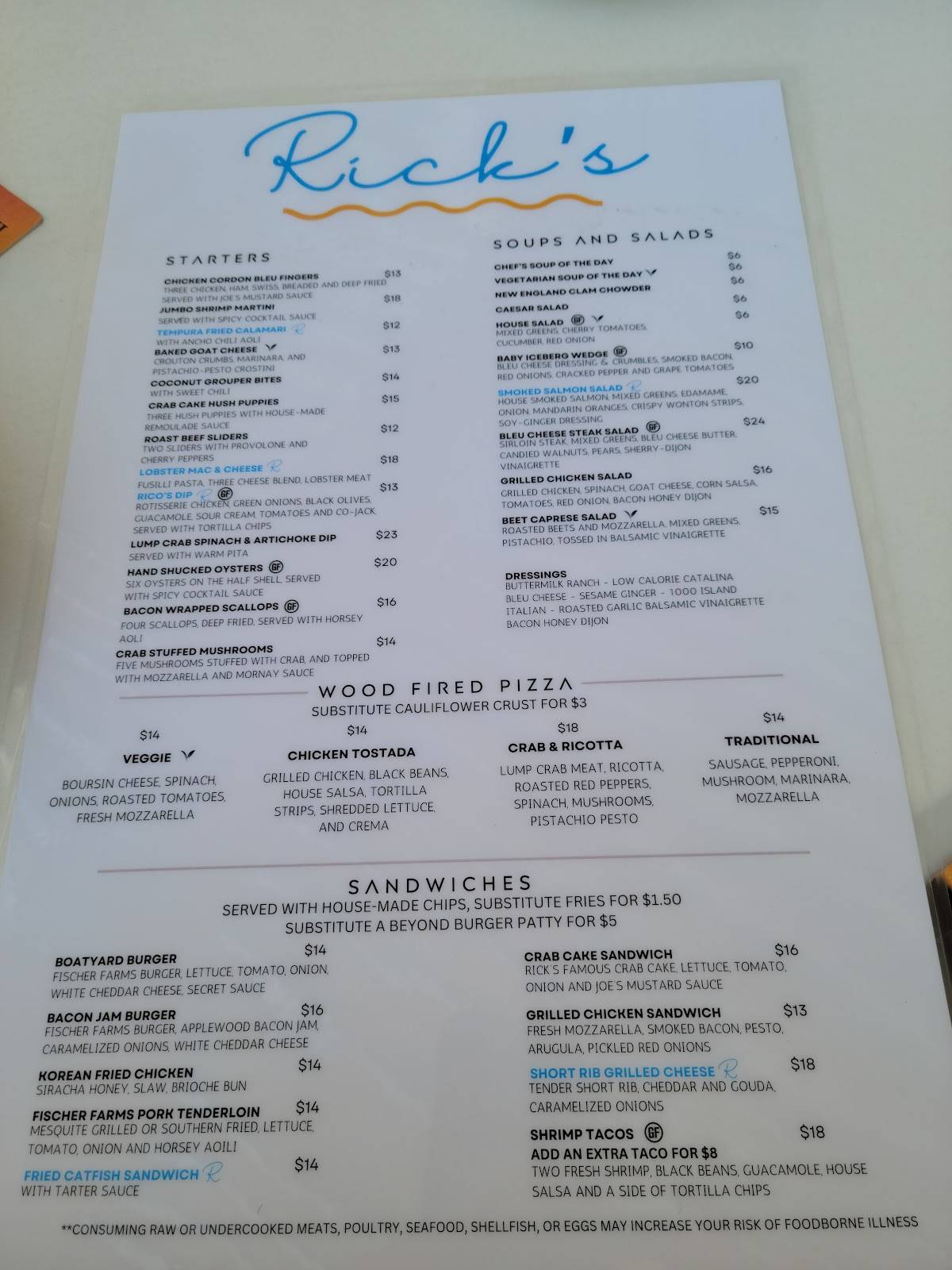 Menu at Rick's Café Boatyard pub & bar, Indianapolis