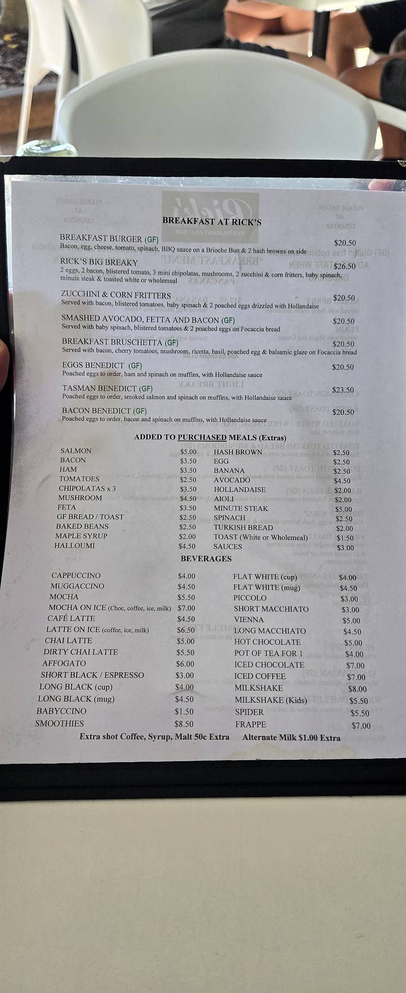 Menu at Ricks at Bargara, Bargara