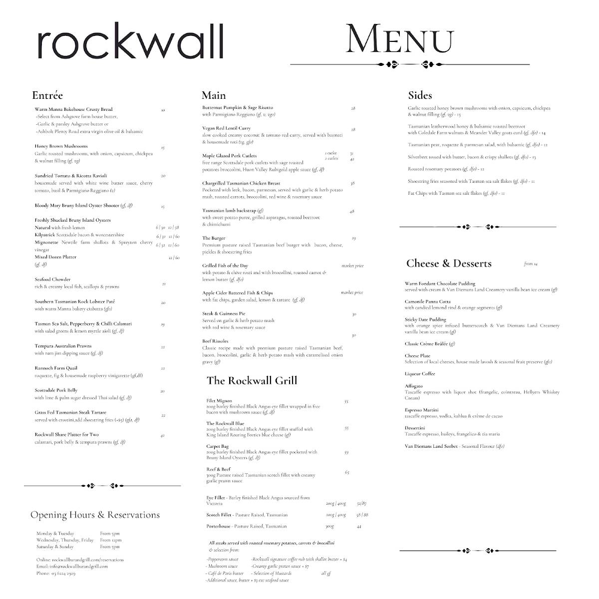 Menu at Rockwall Bar and Grill, Hobart