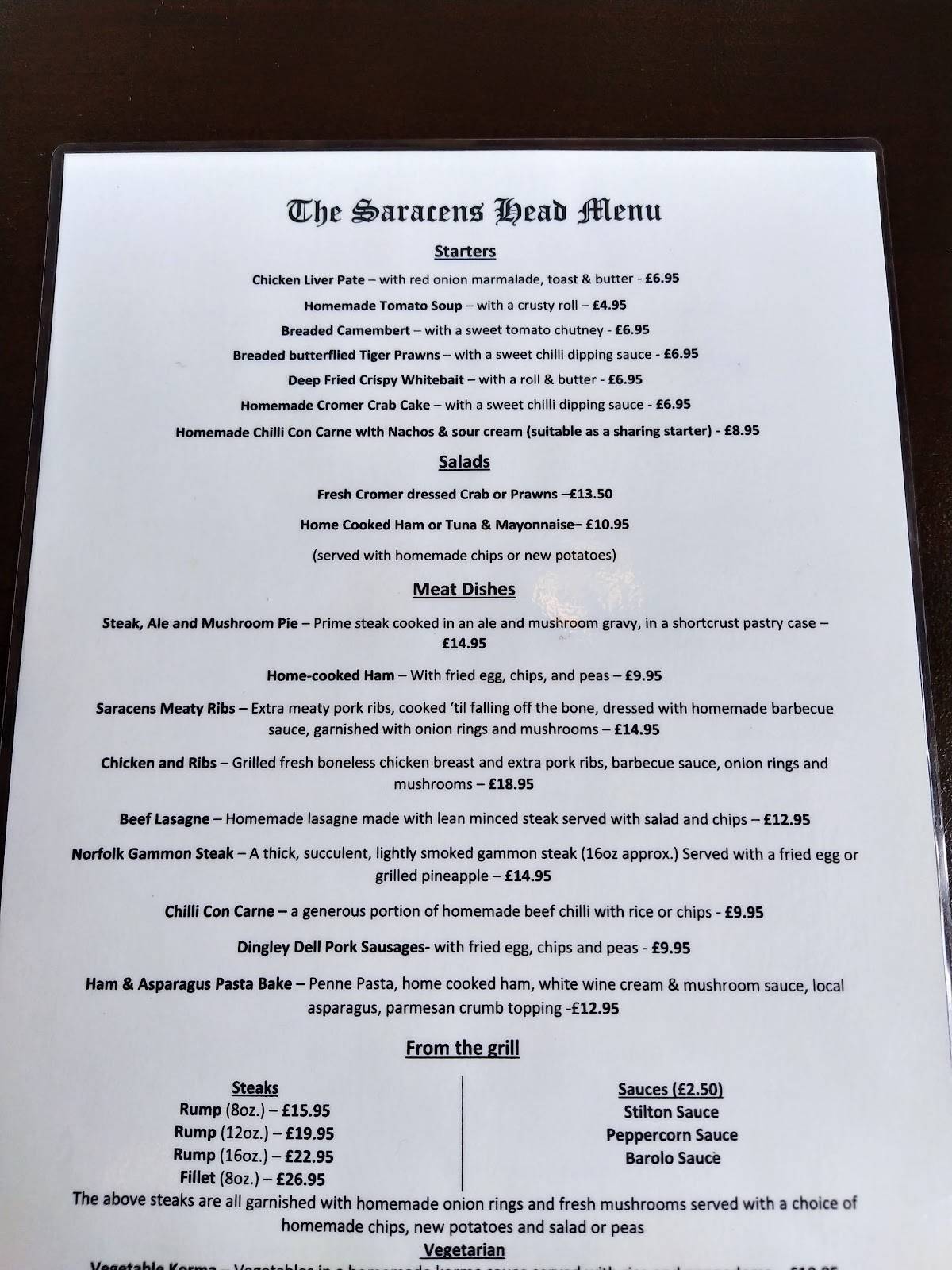 Menu at Saracens Head pub & bar, Diss