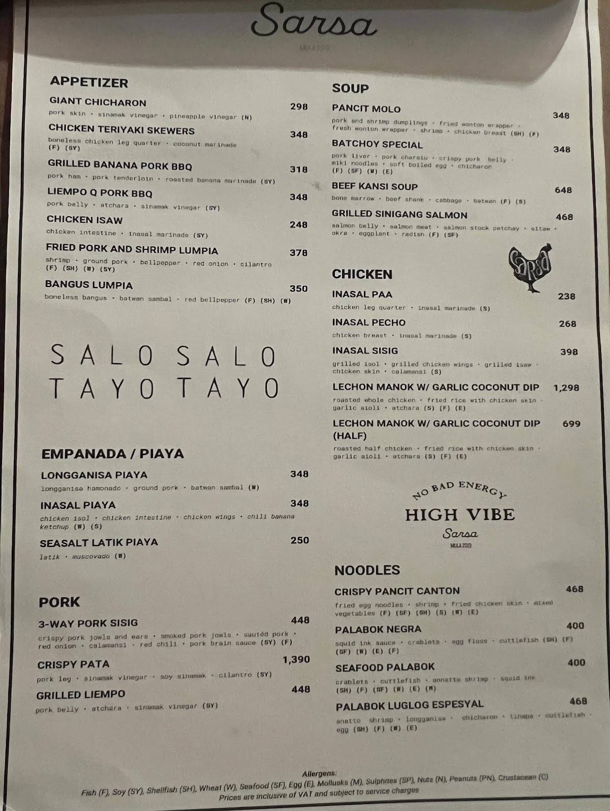 Menu at Sarsá Kitchen + Bar, Makati, 109 Rada