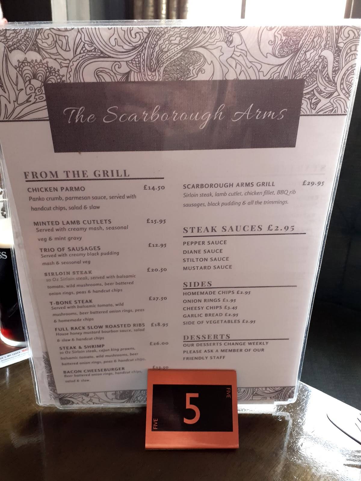 Menu at Scarborough Arms pub & bar, Scarborough