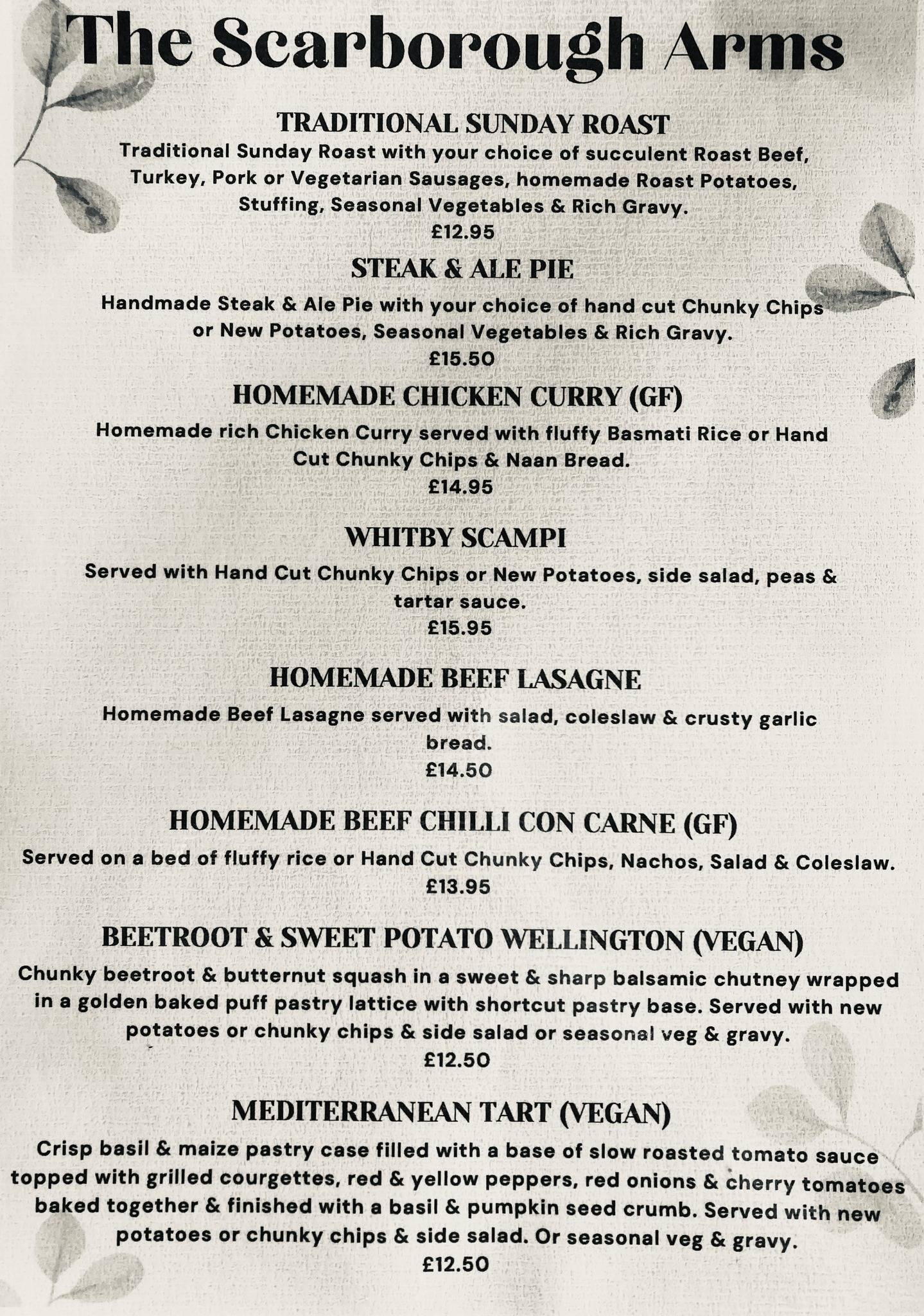 Menu at Scarborough Arms pub & bar, Scarborough