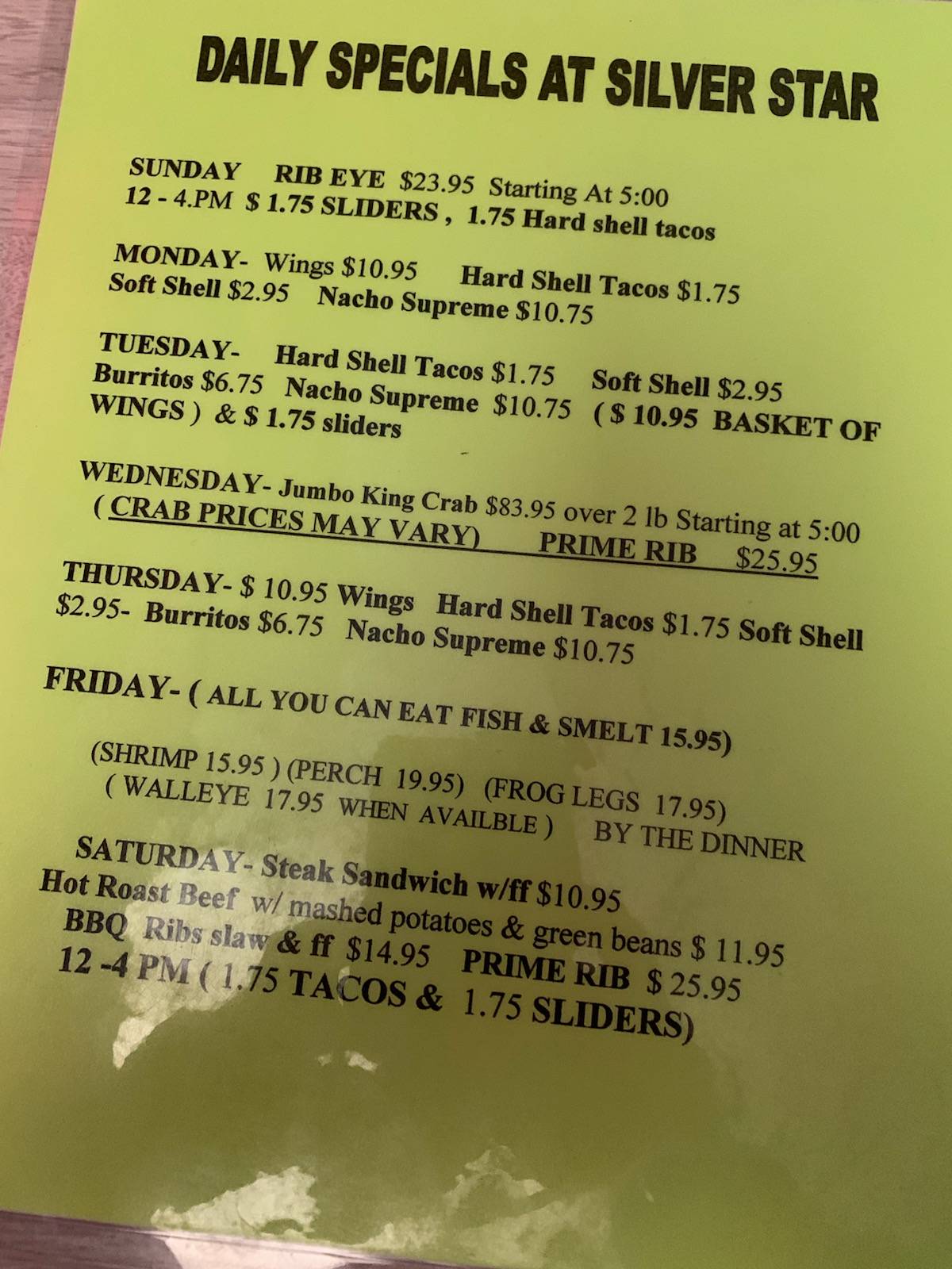 Menu at Silver star bar, Maybee