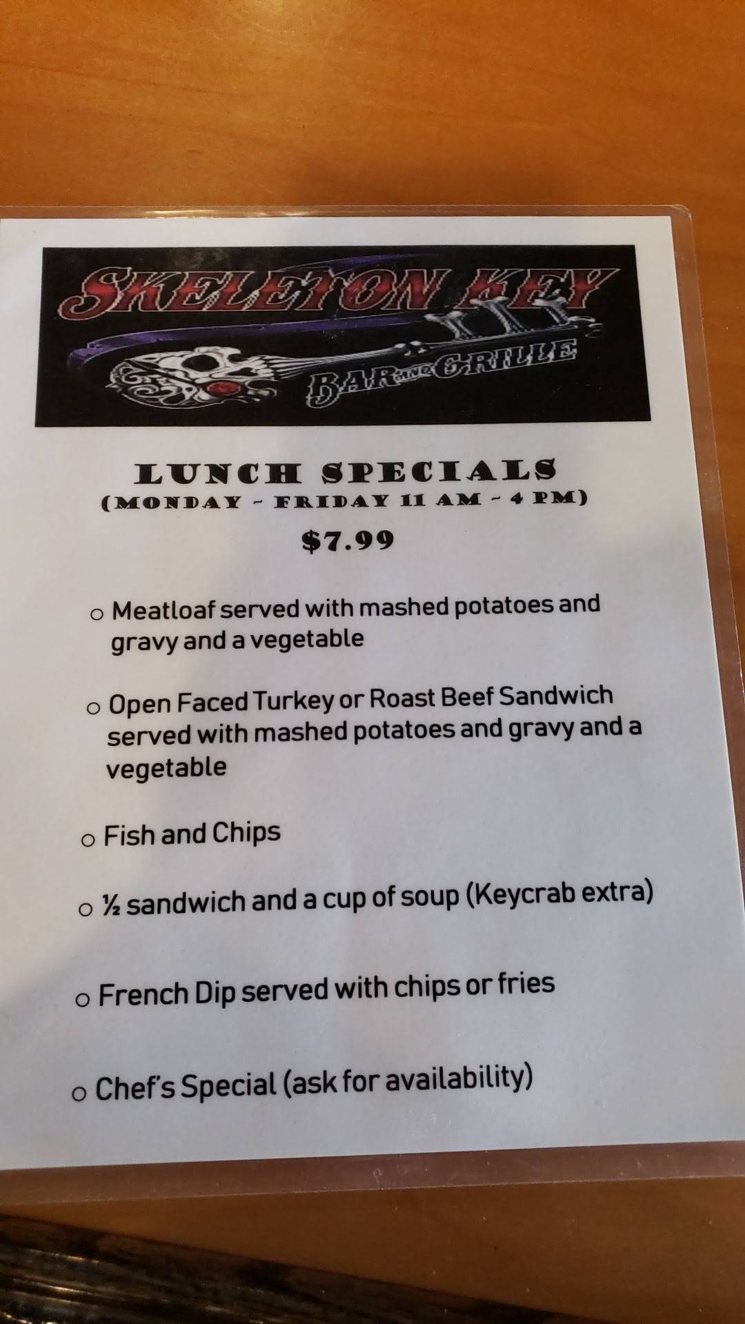 Menu at Skeleton Key Bar and Grille, Chesapeake