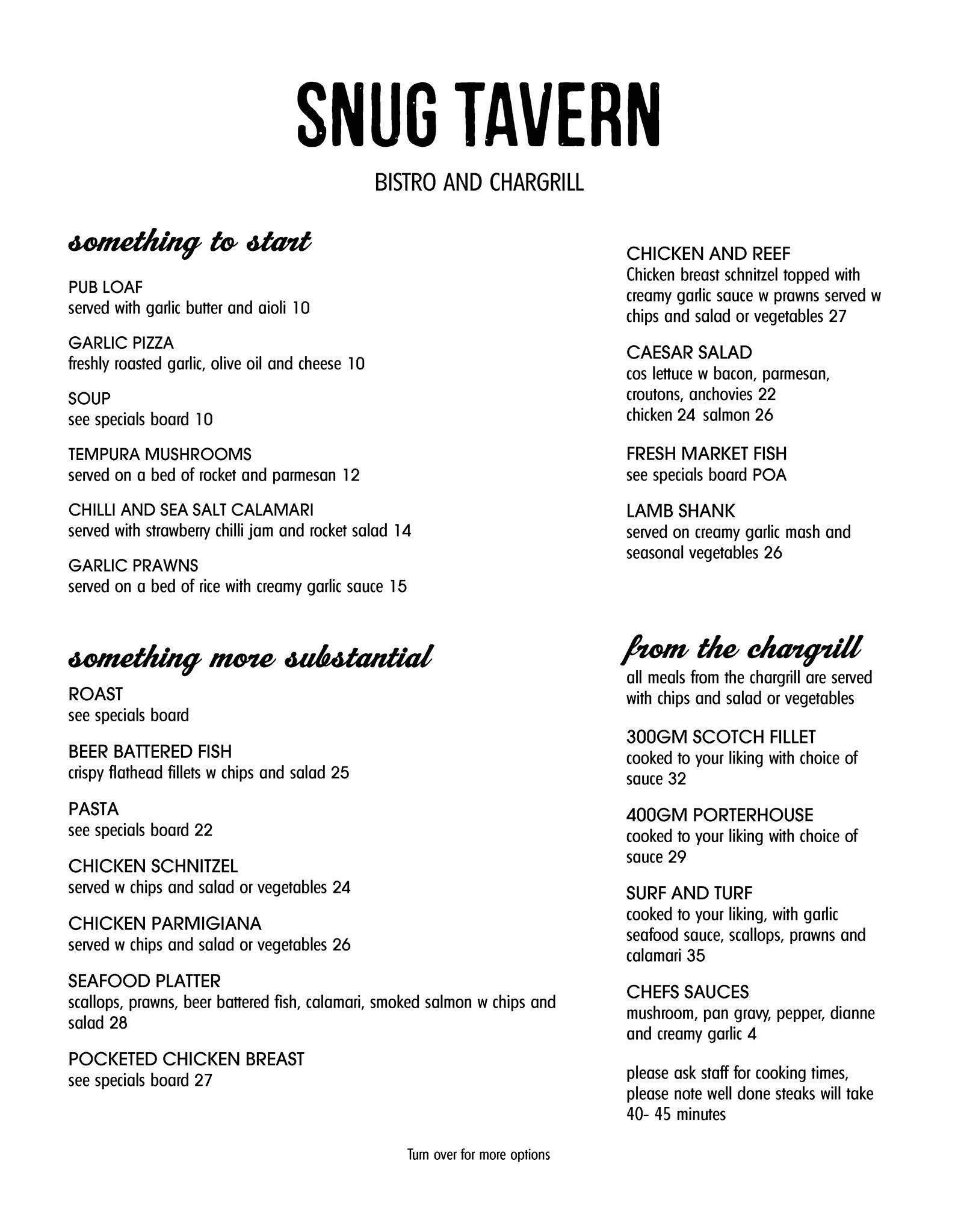Menu at Snug Tavern pub & bar, Snug
