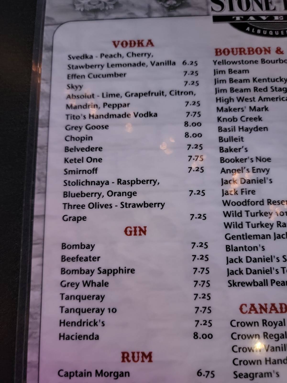 Menu at Stone Face Tavern pub & bar, Albuquerque