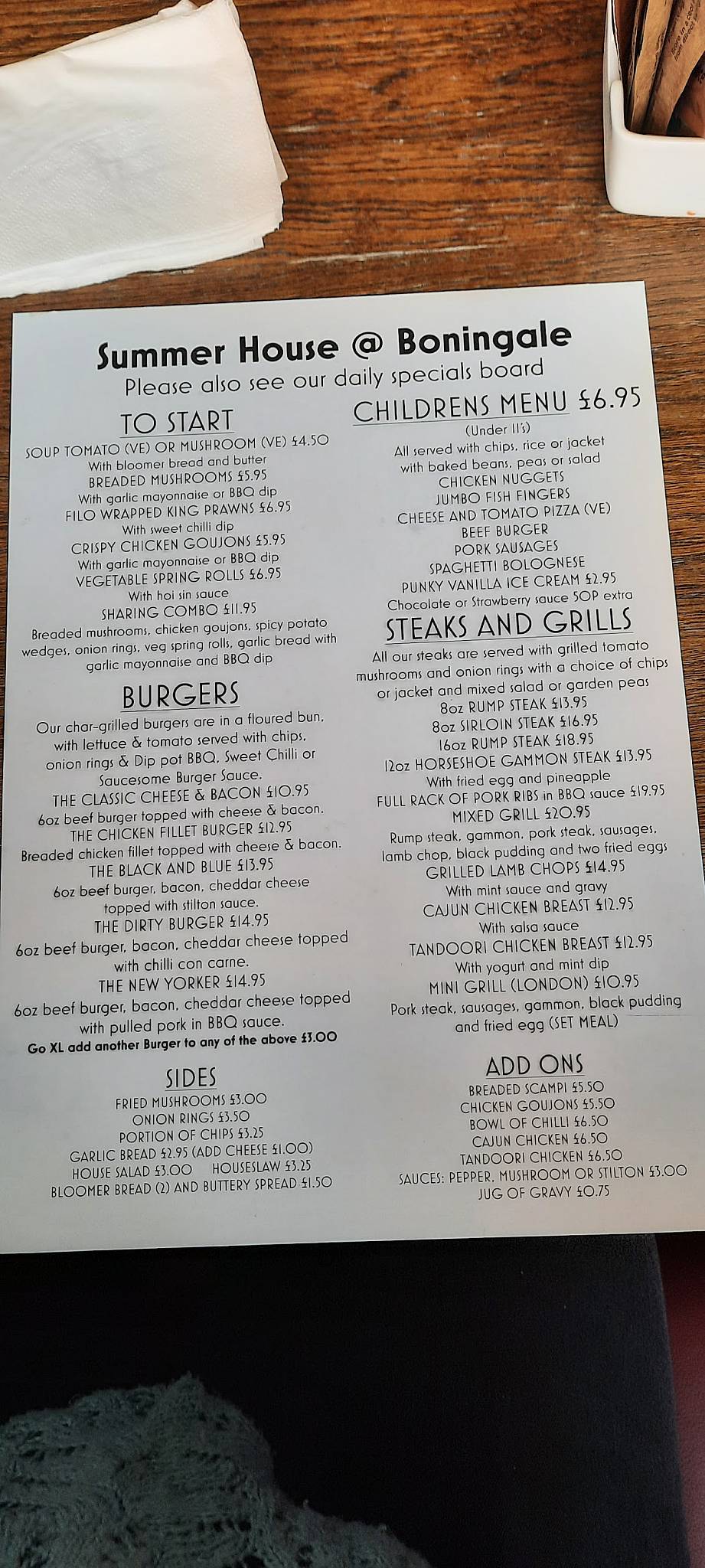 Menu at Summerhouse pub & bar, Boningale