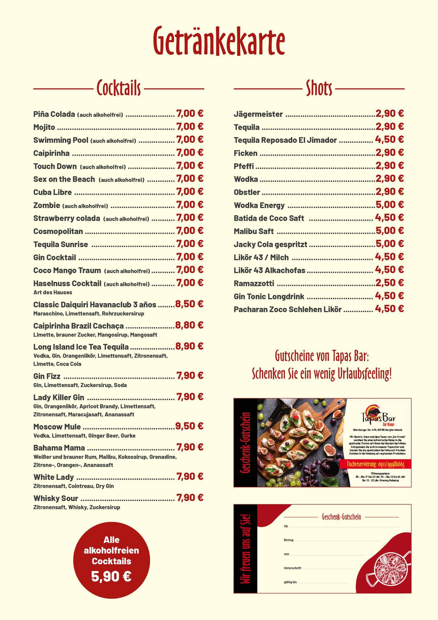 Carta de Tapas Bar zur Krone, Fürth