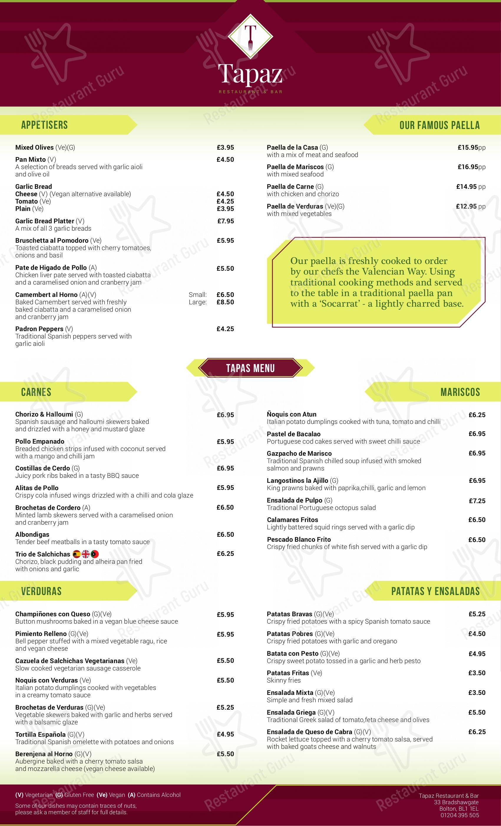 Menu at Tapaz Restaurant & Bar, Bolton