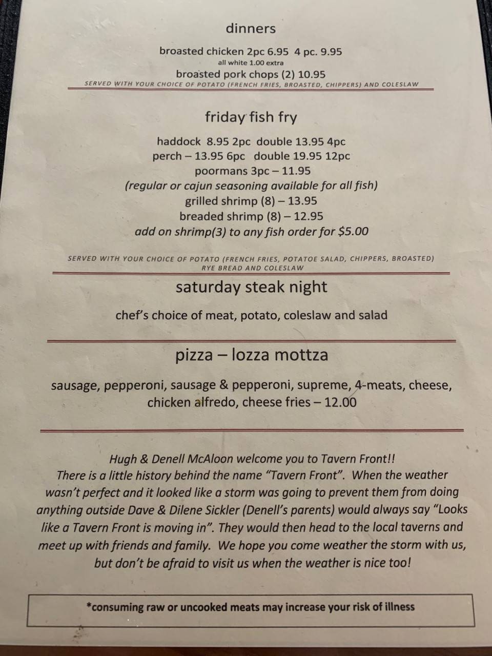 Menu at Tavern Front pub & bar, Wittenberg